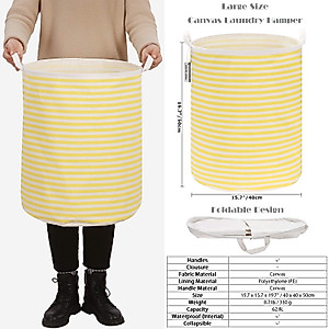 Sea Team 19.7 Inches Large Sized Waterproof Coating Ramie Cotton Fabric Folding Laundry Hamper Bucket Cylindric Burlap Canvas Storage Basket (19.7", Stripe/Yellow)