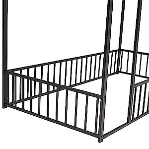 HAUSHECK Toddlers Montessori Floor Bed Twin Size with Rails for Kids, Twin Size House Bed with Roof Design for Girls & Boys, Montessori Beds Metal Bed Frame No Box Spring Needed, No Limit Weight