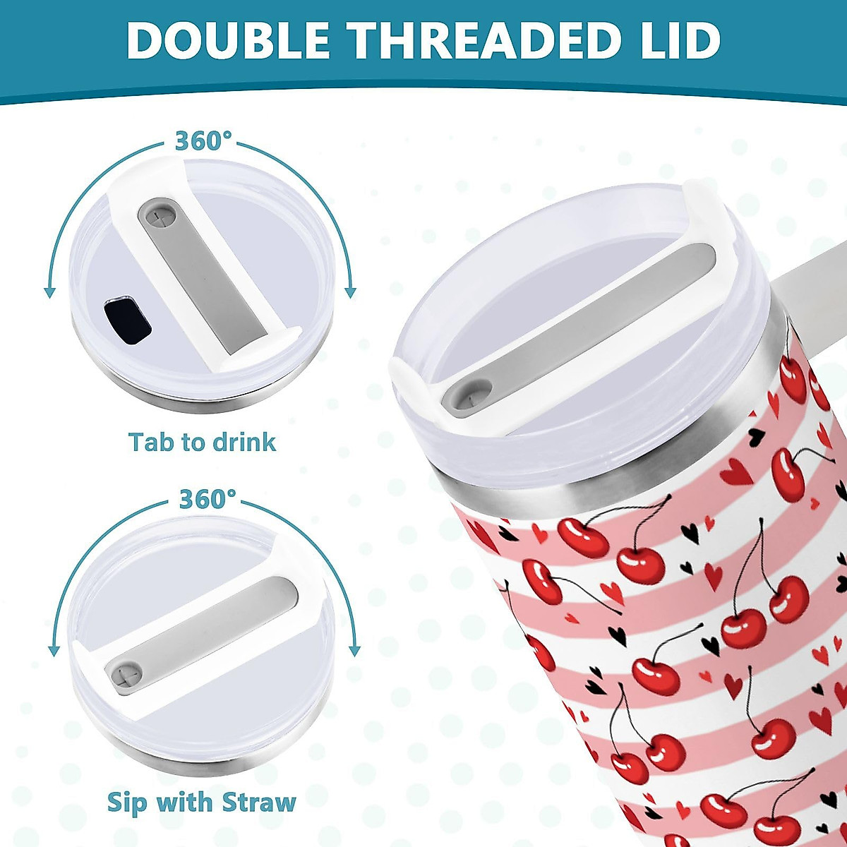 Tumbler with Handle and Straw Lid,Cute Cherry White Pink Striped 40 oz Insulated Coffee Cup Stainless Steel Fruit Water Bottle Travel Mug Cupholder Friendly,Gifts for Women Men