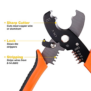 7in Cable Cutter Wire Stripper 8-14 AWG, Heavy Duty for Aluminum Copper, Communication Cables Wire Stripping Tool And Multi-Function Hand Tool，Professional Handle Design 518020A