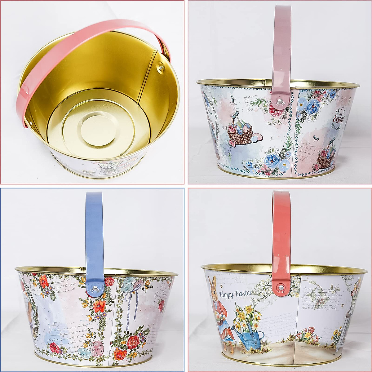 3 Pcs Easter Metal Buckets Easter Bunny Pail Baskets for Easter Eggs Hunt,Easter Pails Gift Baskets for Kids,Kids Easter Party Favor