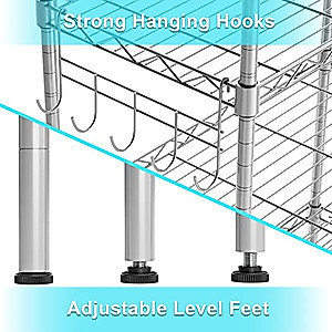 Auslar Metal Storage Shelves 6 Tier Wire Shelving Unit - Metal Racks for Storage with Adjustable Level Feet and Hanging Hooks, Chrome, Grey (24.26" L x 11.5" D x 63" H)