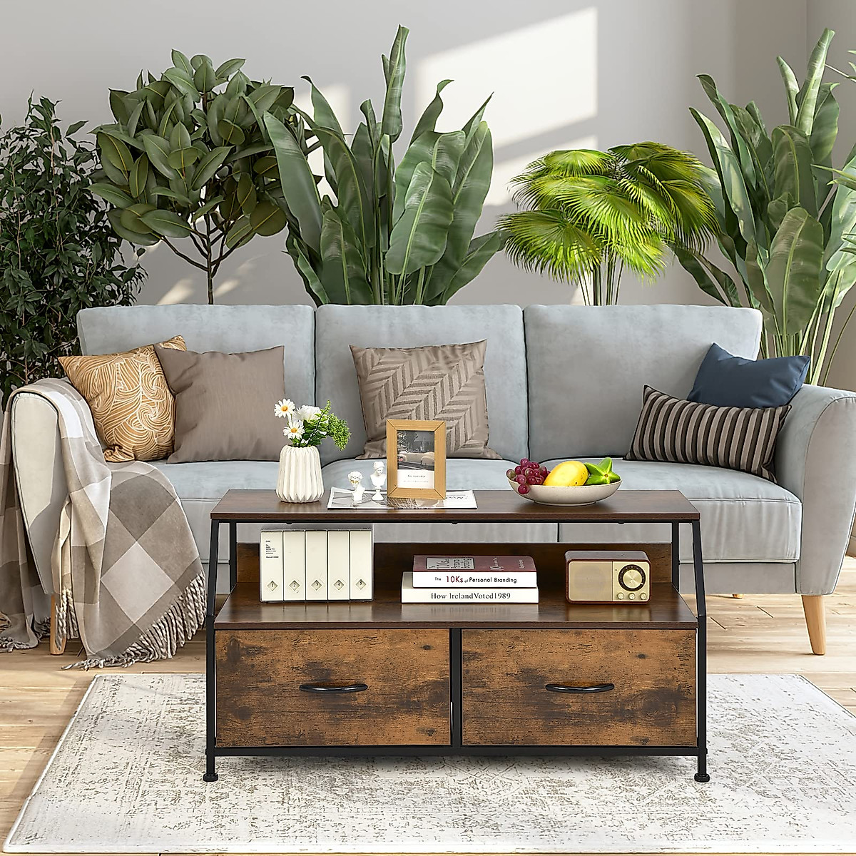 SILKYDRY Dresser TV Stand, Entertainment Center Media Console Table with 2 Folding Fabric Drawers & 2 Open Shelves for TV up to 43’’, Storage Drawer TV Unit for Bedroom, Living Room (Rustic Brown)