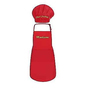 Personalized Apron with Hat for Men and Women - Custom Apron with Embroidered Name - Unisex Red Apron with Pockets for Kitchen Cooking Baking Restaurant BBQ Painting Crafting