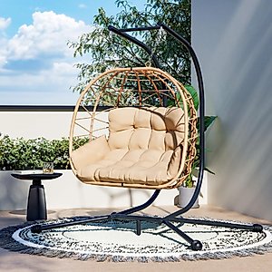 Pamapic Double Swing Egg Chair,Love Seat Proch Swing Egg Chair, 700 LBS Hanging Egg Chair with UV Resistant Wicker, Patio Furniture Waterproof Cushions Hammock Chair with Stand and Armrest, Beige