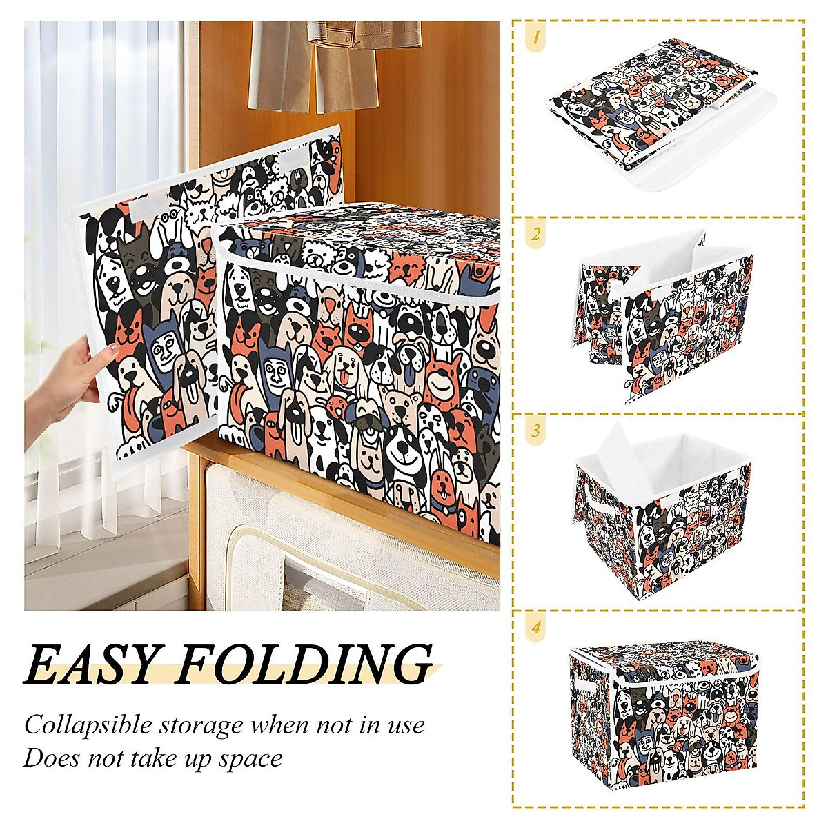 ALAZA Storage Bins Organizer Box Baskets Lidded Clothes for Shelves Closet Cute Dogs Print Doodle Puppy Collapsible Stackable Storage Cubes Handles
