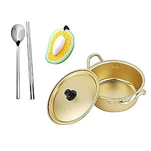 Korea Ramen Noodles Pot Set Yellow Pot + Sponge Dish Scrubber + Spoon & Chopsticks Yellow Aluminum Ramen Soup Pot Korean Yellow Aluminum Stockpot Instant Noodles Pot