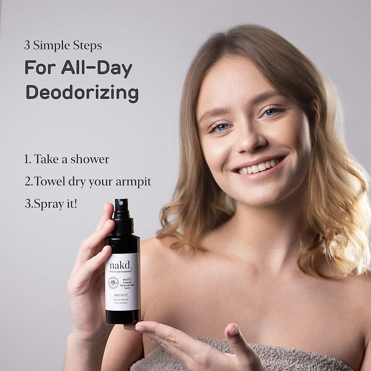 nakd. Thai Crystal Deodorant Spray – 2 Salt Deodorant Crystal Sprays, 8.45 FL oz. Regular + 3.3 FL oz. Travel Size – All Natural and Unscented Aluminum Free Deodorant for Women, Men, and Kids