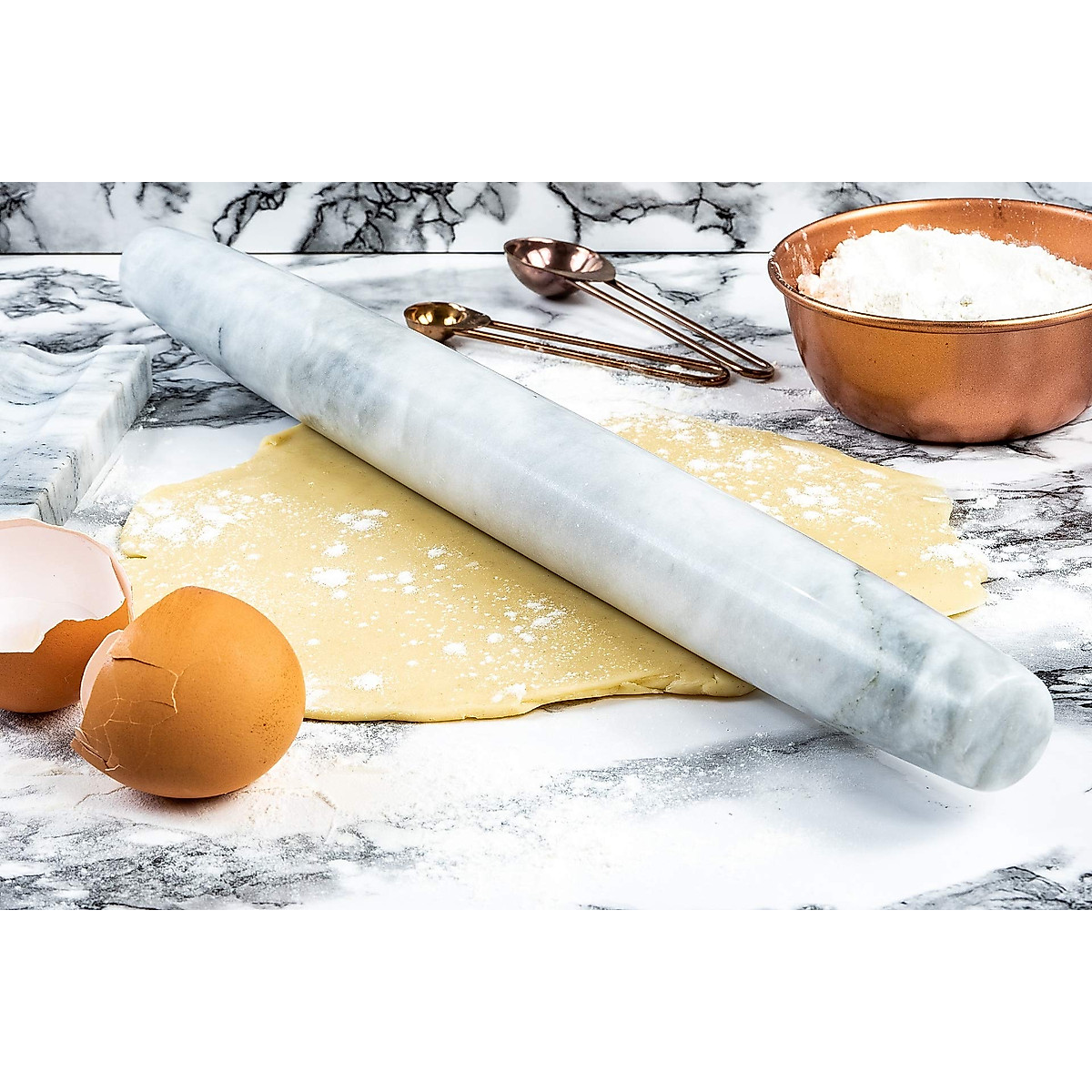 Marble French Rolling Pin for Baking Pizza Dough, Pie & Cookie With Stand - Nonstick Essential Kitchen utensil tools gift ideas for bakers 16" inch Pins (White Marble)