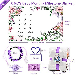 SPOKKI 6 PCS Baby Monthly Milestone Blanket Girl, 60''x40''Fleece Monthly Blanket Newborn with Headband for Photography Background Prop and Mom Nursery Shower Gift (Purple)