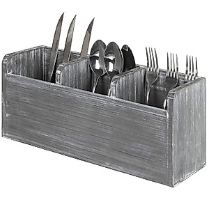 MyGift Vintage Gray Wood Utensil Holder Rack with 3 Compartment for Forks Spoon Knives, Flatware Organizer Cutlery Caddy for Kitchen Counter Dining Table Display