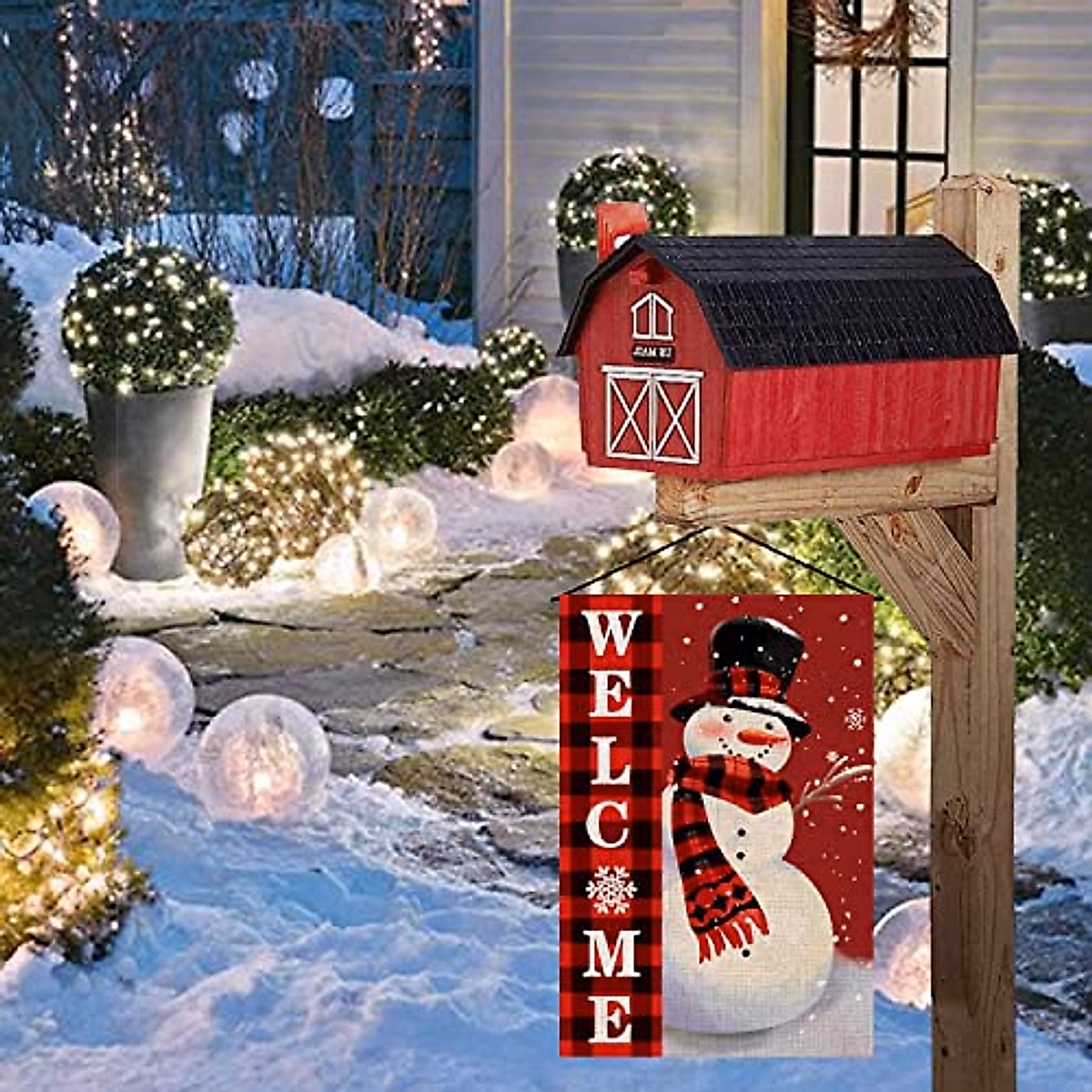 Welcome Christmas Garden Flag Double Sided Snowman with Buffalo Plaid Scarf Garden Flag, Winter Christmas Rustic Yard Outdoor Decoration 12.5 x 18 Inch