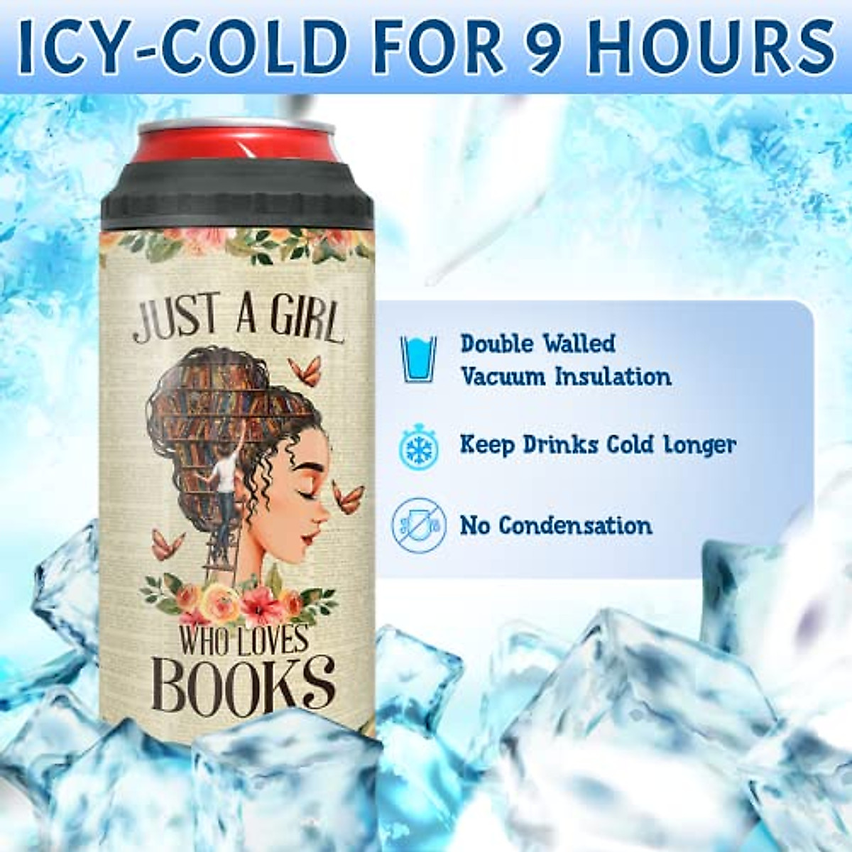 winorax Book Lovers Gifts Just A Girl Who Loves Books Tumbler Can Cooler 4-in-1 Stainless Steel 16oz Travel Cups Birthday Christmas Gifts for Women Girls Friends Book Lovers