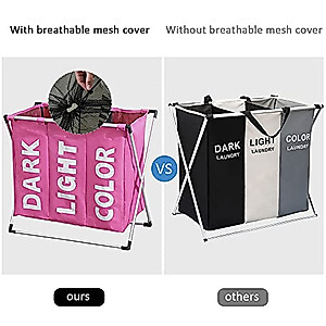 Large Collapsible Laundry Hamper Sorter with 3 Sections, Waterproof Laundry Basket with Aluminum X-Frame & Mesh Bundle Pocket for Bathroom Bedroom Home Storage (Pink)