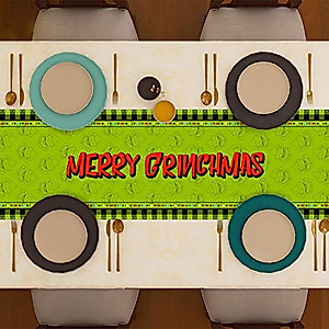 FARMNALL Linen Green Christmas Table Runner Merry Grinchmas Tablecloth Christmas Xmas Winter Holiday Home Kitchen Table Decorations 13x72 Inch