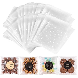 NPLUX 200PACK Self Sealing Cellophane Bags Cookie Bags for Gift Giving Clear Treat Bags with Stickers(White Polka Dot, 4X4INCH)