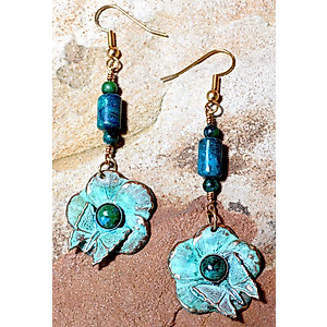 Elaine Coyne Wearable Art Verdigris Patina Brass Asian Delight Butterfly on Flower Dangle Earrings - Chrysocolla