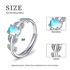 Midir&Etain Leaf Open Ring S925 Sterling Silver Adjustable Moonstone Ring Olive Nature Lover Jewelry Gifts for Women