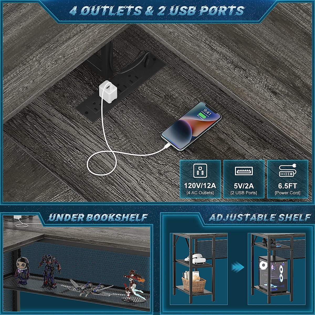 Unikito Cool L Shaped Computer Desk, Reversible Corner Office Desk with Smart Strip Light and Magic Power Outlets, Sturdy Ergonomic Gaming Table with Monitor Stand and Storage Shelf, Grid Design, Gray