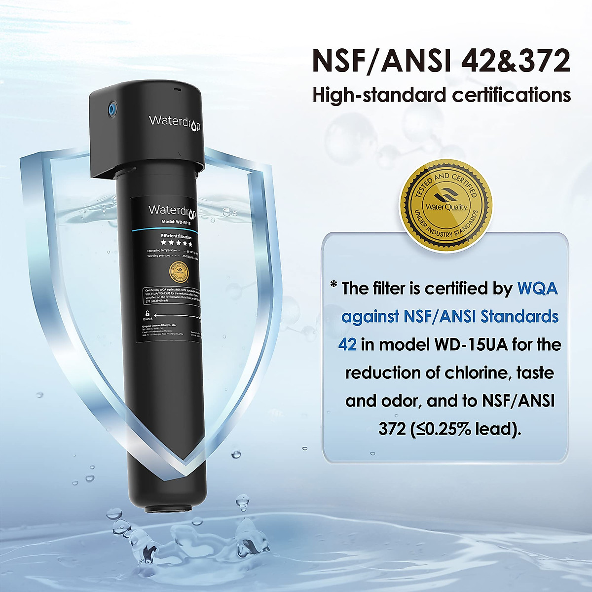 Waterdrop 15UA Under Sink Water Filter, NSF/ANSI 42 Certified, Reduces PFAS, PFOA/PFOS, Lead, Chlorine, Odor, Under Sink Water Filter System
