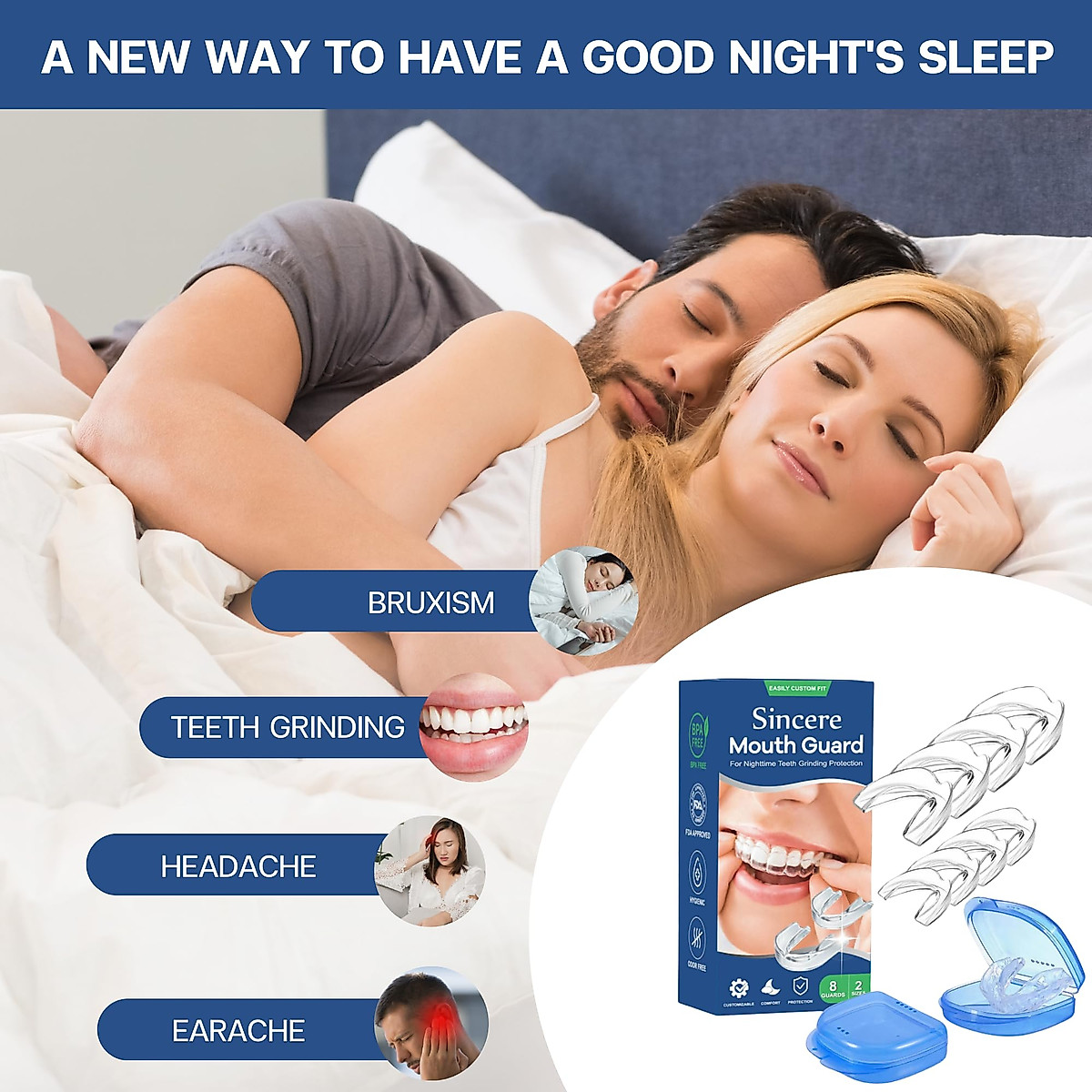 Sincere Moldable Mouth Guard for Teeth grinding & clenching at Night, Dental Night Guard, Bite Guard for Teeth Clenching Nighttime, Teeth protection for Sleep, 2 Sizes, Pack of 8 with 2 Travel Cases