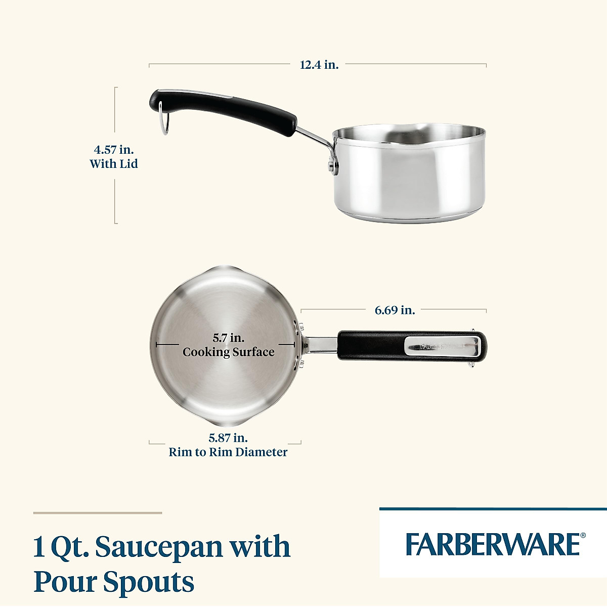 Farberware Brilliance Stainless Steel Saucepan/Saucepot with Side Spouts for Easy Pouring, 1 Quart, Dishwasher Safe and Induction Ready, Compatible with All Cooktops, Stainless Steel