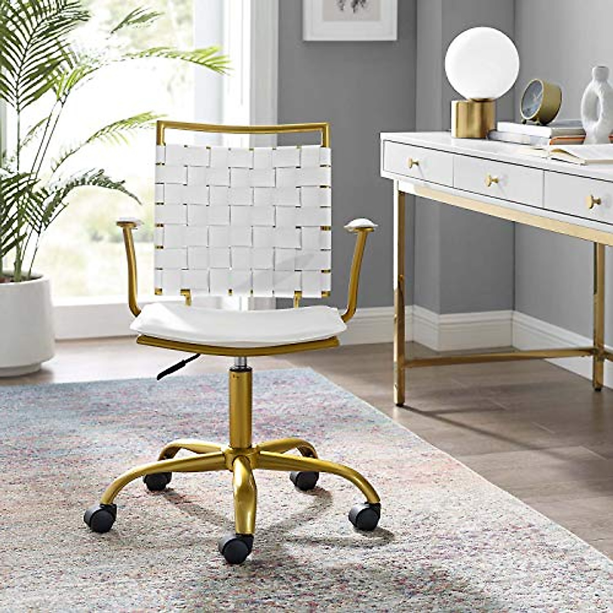 Modway Fuse Webbed Back Faux Leather and Gold Metal Adjustable Office Chair, White