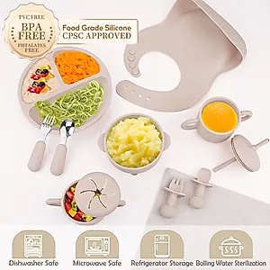 Bufims Silicone Baby Feeding Set, Baby Led Weaning Supplies, Eating Essentials Utensils with Suction Plate and Bowl, Pocket Bib, Sippy Cup with Lid, Forks Spoons Snack Container, for 6+ Months, Beige