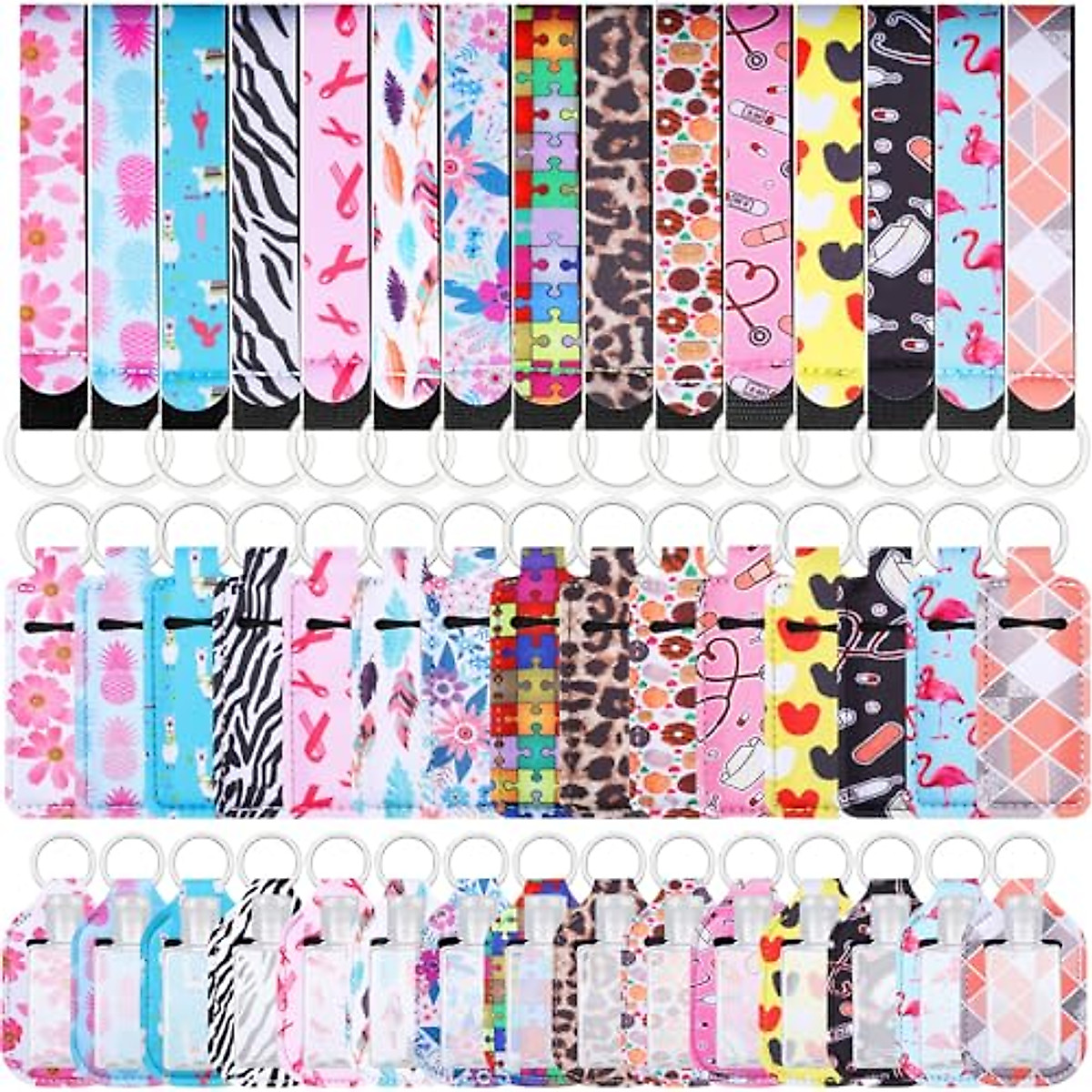Zopeal 60 Pcs Travel Bottles Keychain Holder Set: 15 Lipstick Holders, 15 Keychain Lanyards, 15 Empty Travel Bottles(Fresh Pattern)