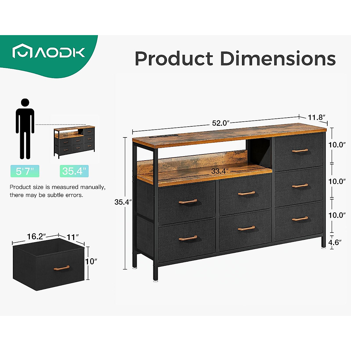 AODK Dresser with Charging Station, 52-Inch Long Dresser for Bedroom with 7 Large Fabric Drawers, Dresser TV Stand with Open Shelves for 55-Inch TV, Vintage