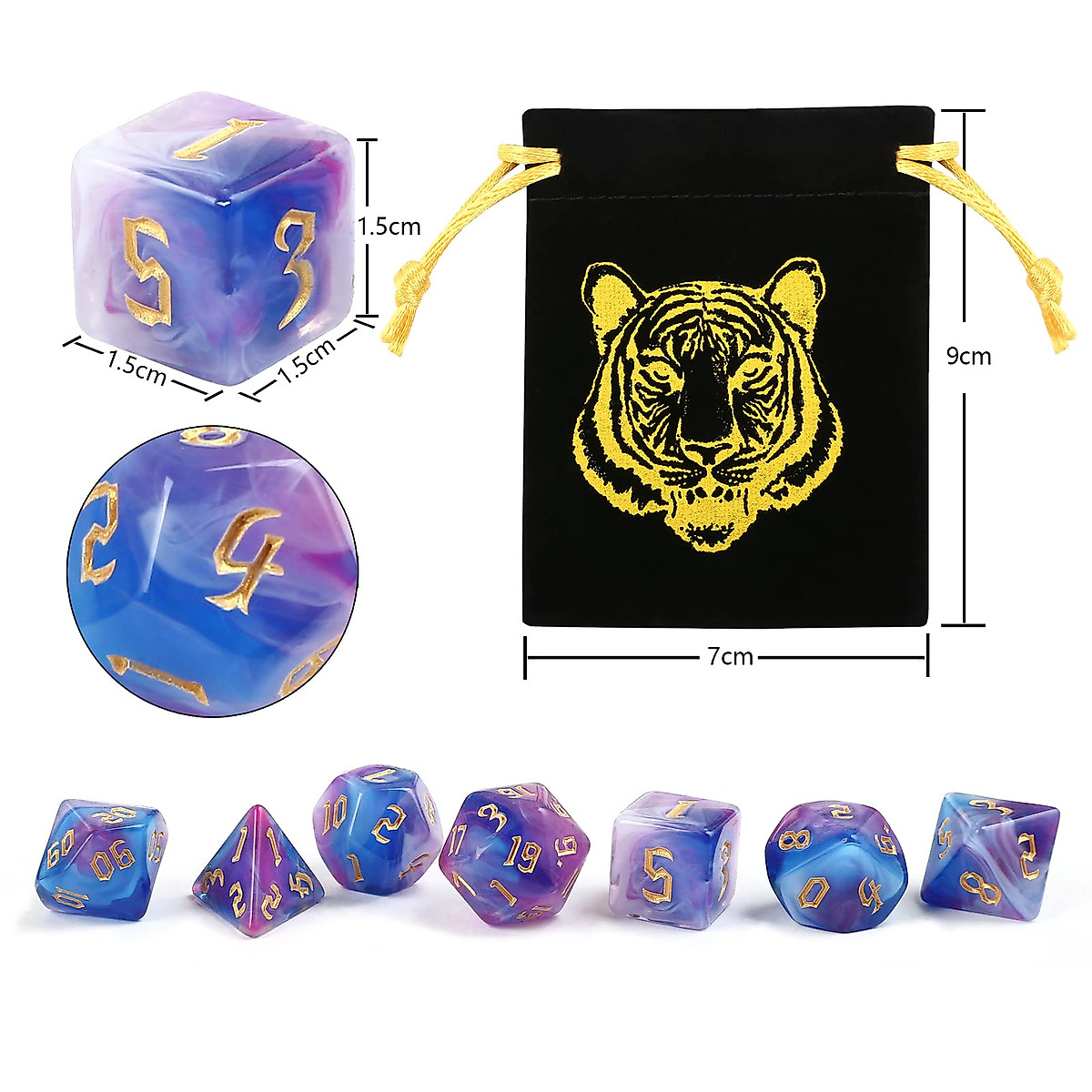 GWHOLE 42 Pcs(6 Sets) Polyhedral Dice with Gold Pattern Drawstring Pouches for DND RPG MTG Dungeon and Dragons Table Board Roll Playing Games Style 3