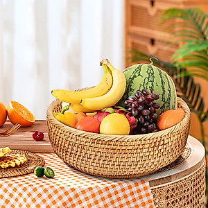 Whalehub Natural Rattan Round Fruit Basket Bowls, Hand Woven Decor Serving Baskets, Wicker Storage for Dinning Room (Round-Small)