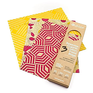 WaxWrap Beeswax Wraps For Food, Organic Cotton Food Bags - Sustainable Plastic Bag Alternative, Reusable Snack Bags, Bees Wax Wraps Reusable Food Storage - Assorted 3 Pack (S, M, L)