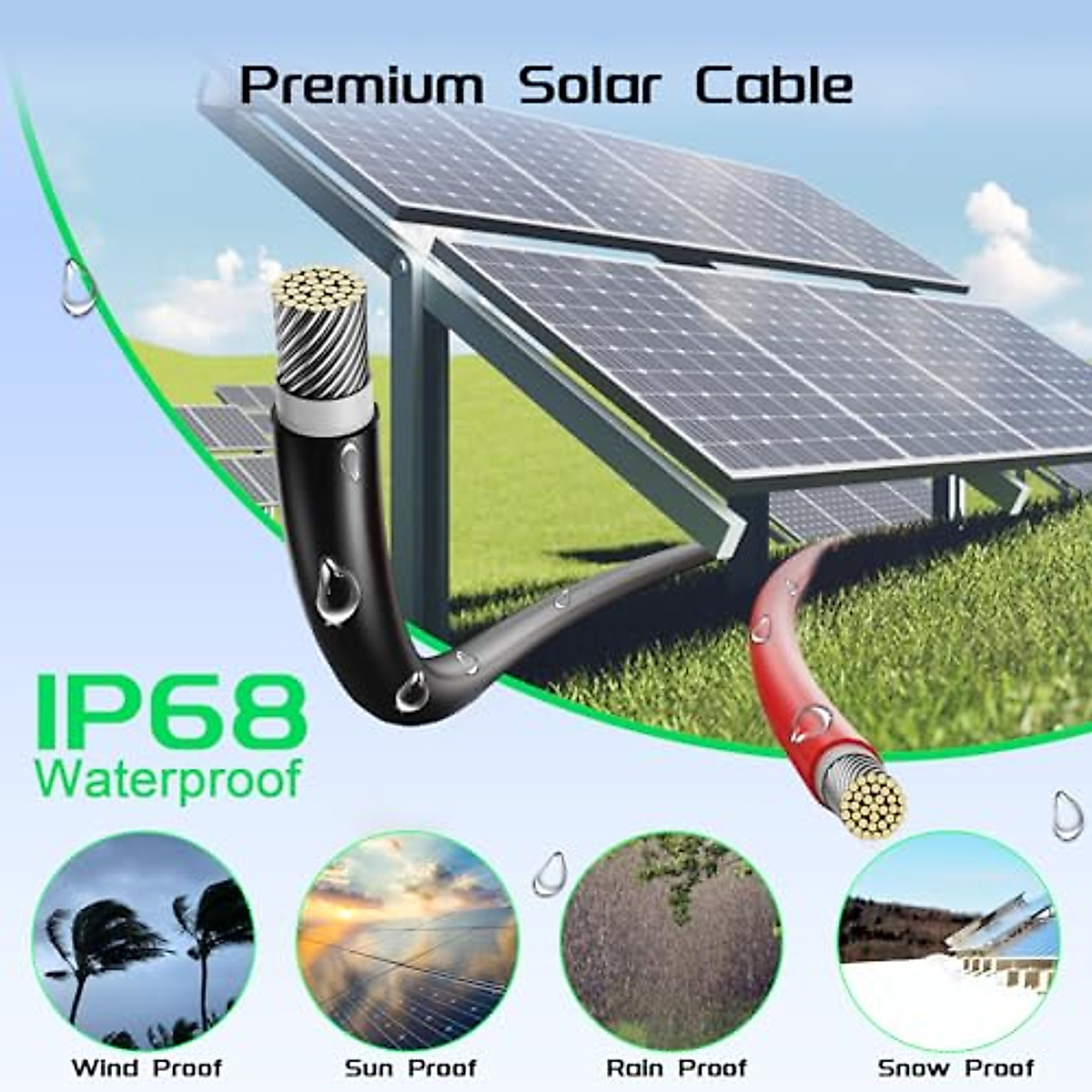 Solar Panel Wire 50Ft Black and 50Ft Red Kit, Bateria Power Solar Panel Extension Cable 10AWG (6mm²) Tinned Copper Wire for Outdoor Automotive RV Boat Marine Solar Panel (Black+Red)