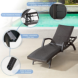 Iwicker Aluminum Outdoor Chaise Lounges with Quick Dry Foam Padded, Adjustable Wicker Patio Reclining Lounge Chairs with Wheels and Armrest, Set of 2