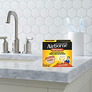 Airborne 1000mg Vitamin C with Zinc, SUGAR FREE Effervescent Tablets, Immune Support Supplement with Powerful Antioxidants Vitamins A C & E - 30 Fizzy Drink Tablets, Zesty Orange Flavor