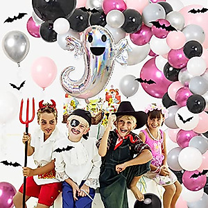172Pcs Halloween Balloon Garland Arch Kit, Black Pink Sliver Halloween Balloons with 3D Bat Sticker Ghost Foil Balloon Pink Halloween Decor for Girls Kids Halloween Birthday Baby Shower Party Supplies
