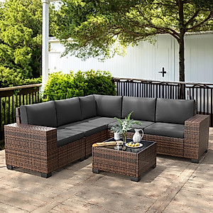Amopatio Outdoor Sectional Furniture Set 6-Piece Brown Rattan Wicker Conversation Sofa Set with Glass Top Table and Waterproof Covers,Grey Cushions