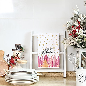 ARKENY Christmas Kitchen Towels Set of 2,Pink Xmas Tree Merry Christmas Dish Towels 18x26 Inch,Hoilday Farmhouse Home Decoration AD105