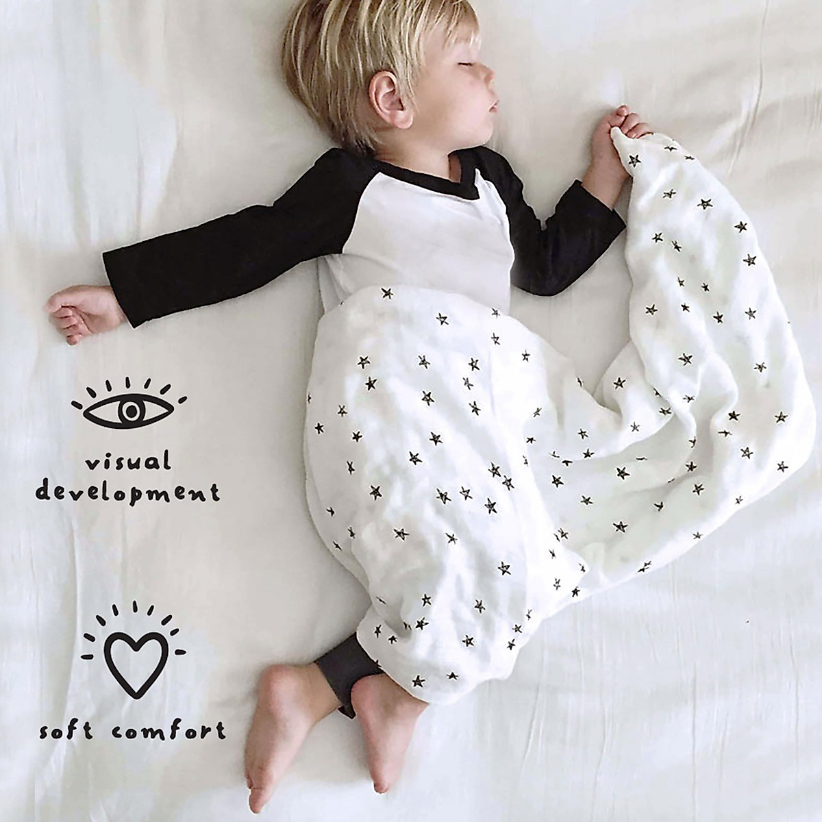 Wee Gallery, Organic Muslin Swaddle - Stars Design - Black and White for Baby Visual Development, Quality Cotton Swaddling or Receiving Blanket