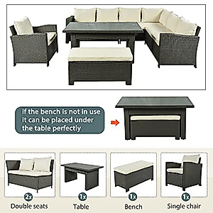 GODAFA 6-Piece Wicker Outdoor Patio Furniture Set-Featuring All-Weather PE Rattan Conversation Sectional Sofa, Dining Table, Chair, and Bench with Cushions for Backyard, Porch, and Poolside, 1, Beige