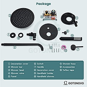 gotonovo Shower System,Bathroom Shower Faucet with 10 Inch Round Shower Head Wall Mount,Luxury Shower Combo Set with Cylindrical Handheld,Shower Trim Kit Rough-in Valve Included,Matte Black