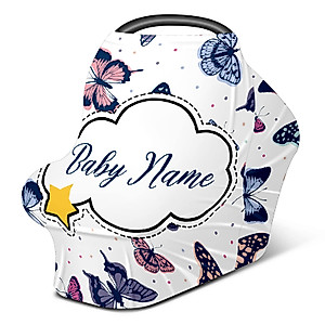 Baby Car Seat Stroller Covers Custom Name Cartoon Butterfly Nursing Cover Breastfeeding Scarf Soft Breathable Stretchy Coverage Carseat Canopy Cover for Boys and Girls Multi Use