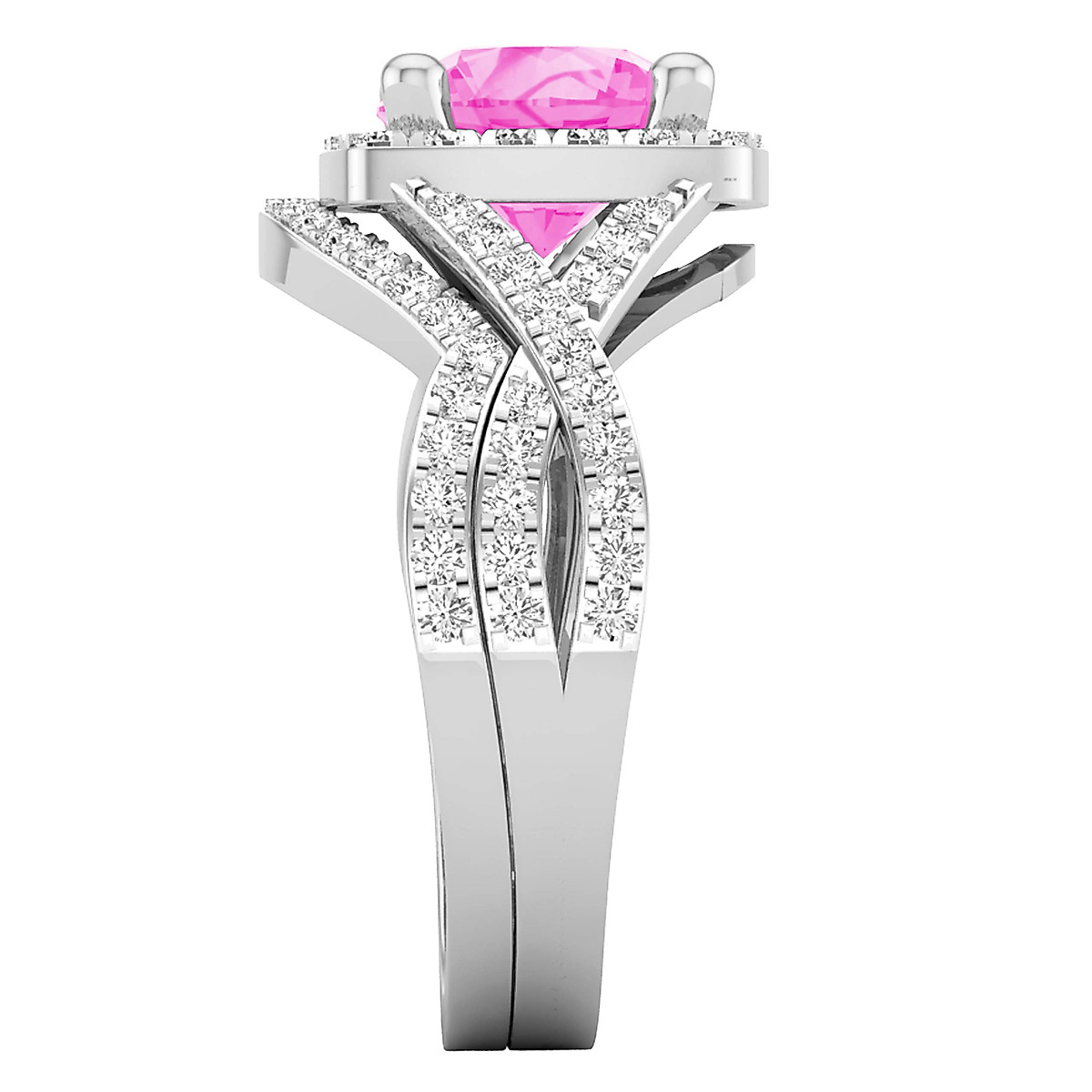 Dazzlingrock Collection 8 mm Round Lab Created Pink Sapphire & White Cubic Zirconia Women Split Shank Halo Wedding Ring Set, Sterling Silver, Size 6
