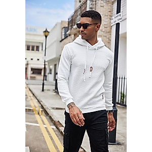 COOFANDY Mens Long Sleeve Drawstring Plaid Jacquard Hooded Sweatshirt, White, Large