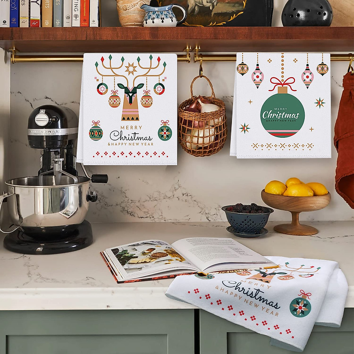 ARTHMOM Christmas Kitchen Dish Towels Set of 4, Merry Christmas Holiday White Hand Towels Funny Decorative Dishcloths Tea Towels Housewarming Gifts for New Home Bathroom Decorations