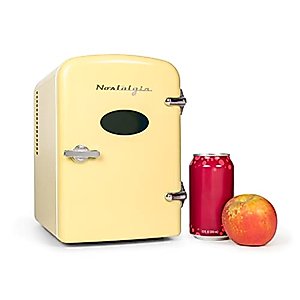 Nostalgia Retro 6-Can Personal Cooling and Heating Mini Refrigerator with Eraser Board Door Carry Handle and Display Window for Home, Office, Car, Boat or Dorm Room, Yellow, 1 cubic feet