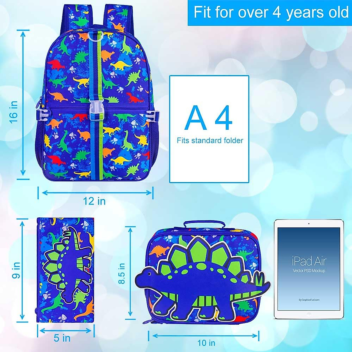 UFNDC 3PCS Dinosaur Backpack for Boys, 16”Kids Bookbag with Lunch Box, School Bag for Elementary Toddler