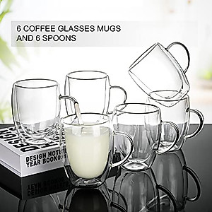LIBWYS 6 Pack Double Walled Coffee Cups Glasses Mugs, 12oz Espresso Cappuccino Latte Tea Cups with Handle, Heat Resistant Borosilicate Clear Glasses 350ml