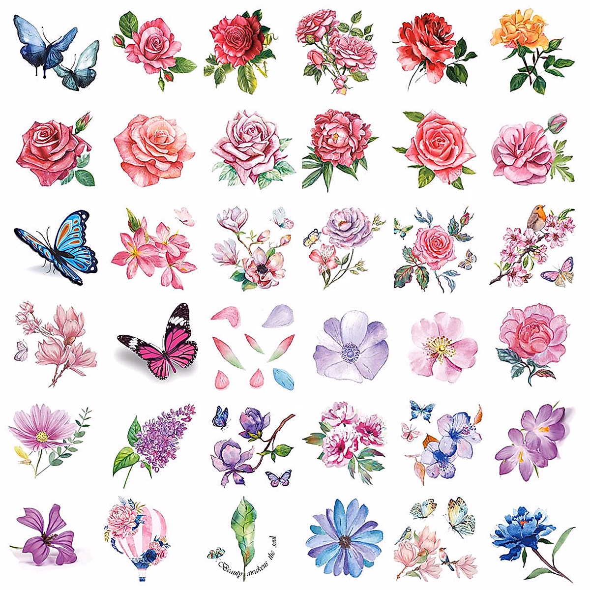 40 Sheets Flowers Temporary Tattoos Small Stickers 3D Rose Peony Lavender Leaf Butterfly Flower Collection Waterproof Fake Tattoos for Women Girl, Watercolor Floral Body Art Tattoo Stickers